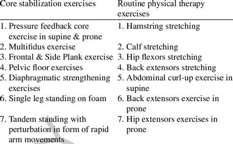 List Of Exercises Performed Under Core Stabilization And Routine