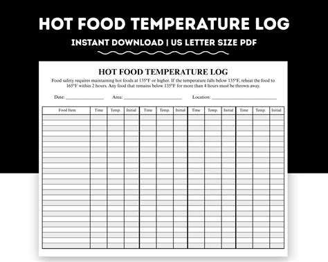 Printable Hot Food Temperature Log Hot Food Log Hot Food Temp Hot