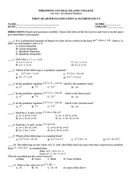 Math 9 First Quarter Exam Pdf Equations Quadratic Equation