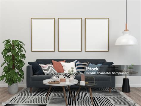 거실 인테리어 3d 렌더링 배경 나무 바닥 나무 벽 템플릿 디자인 은 복사 공간을 모의 가리기에 대한 스톡 사진 및 기타 이미지 가리기 소파 액자 Istock