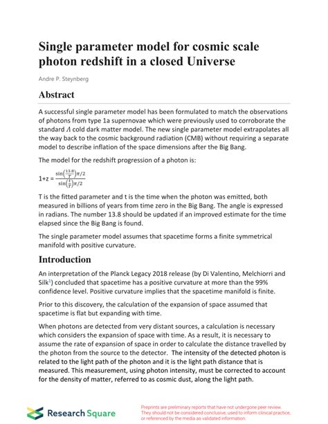 Pdf Single Parameter Model For Cosmic Scale Photon Redshift In A Closed Universe