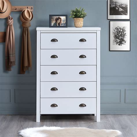 Vastcury Modern Vertical 5 Drawer White Dresser For Bedroom Tall Chest