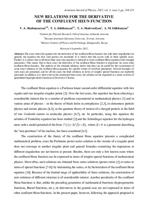 Pdf New Relations For The Derivative Of The Confluent Heun Function