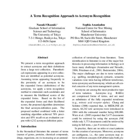 A Term Recognition Approach To Acronym Recognition Acl Anthology