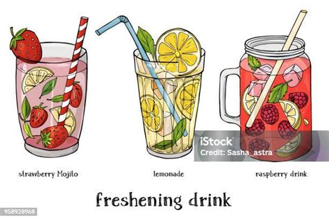 3 상쾌한 여름 음료의 설정 딸기 모 히 토 레모네이드와 칵테일 딸기입니다 빨대에 대한 스톡 벡터 아트 및 기타 이미지 빨대 0명 각얼음 Istock