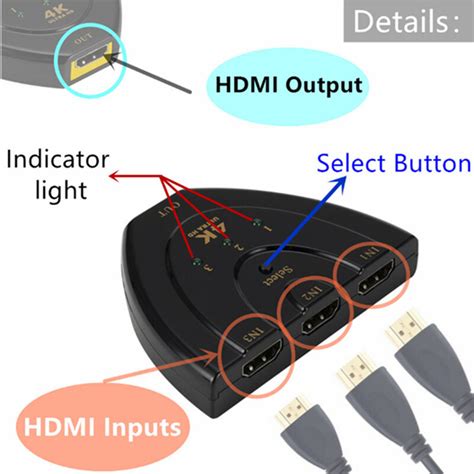 Grwibeou Hdmi 스위처 Hdmi 분배기 3 포트 미니 4k X 2k 스위치 변환기 1080p Dvd Hdtv Pc 프로젝터 3 인 1 아웃 포트 허브 컴퓨터