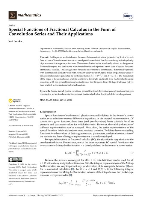 Pdf Special Functions Of Fractional Calculus In The Form Of Convolution Series And Their