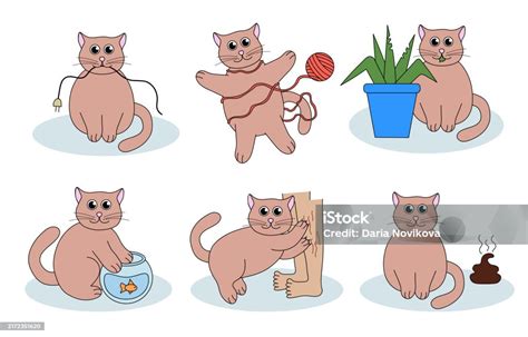 고양이 행동에 대한 일련의 문제 새끼 고양이는 긁고 식물을 먹고 화장실에 가고 낚시를 하고 실 뭉치를 가지고 놀고 전선을 씹습니다 귀여운 손으로 그린 평면 그림입니다 애완