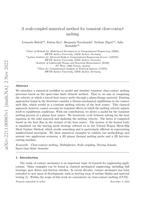 Pdf A Scale Coupled Numerical Method For Transient Close Contact Melting