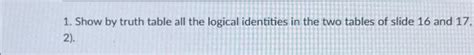 Show By Truth Table All The Logical Identities In The Chegg
