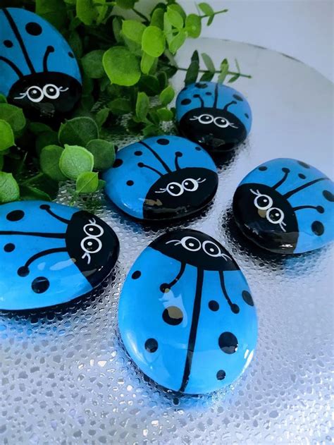 Painted Ladybug Rock Rock Painting Ladybug Rocks Turquoise Ladybug Etsy Ladybug Rocks