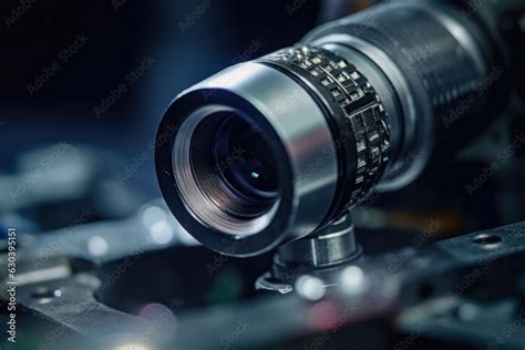 Close Up Of A Machine Vision Camera Lens Detecting Tiny Surface Defects On Metal Pipes In A