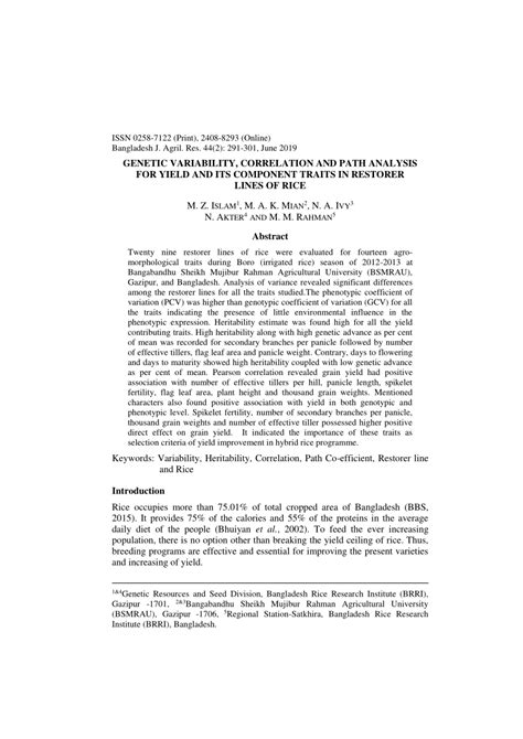 Pdf Genetic Variability Correlation And Path Analysis For Yield And Its Component Traits In