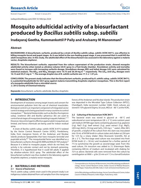 Pdf Mosquito Adulticidal Activity Of A Biosurfactant Produced By Bacillus Subtilis Subsp Subtilis