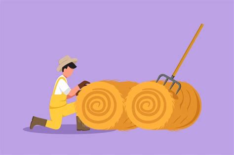 젊은 남성 농부가 건초 더미를 찔러 밀짚 막대기로 말아 올리는 만화 플랫 스타일 가축 노동자 활동 성공적인 농업 개념 그래픽