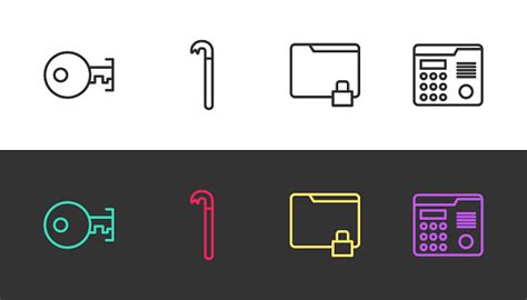 라인 키 지렛대 폴더 및 잠금 장치 및 하우스 인터콤 시스템을 흑백으로 설정합니다 벡터 갈고리 발톱에 대한 스톡 벡터 아트 및 기타 이미지 Istock