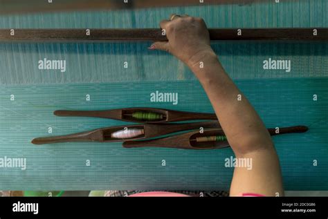 Woman Working On Weaving Machine For Weave Handmade Fabric Textile Weaving Weaving Using