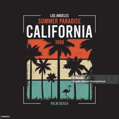 캘리포니아 티셔츠 디자인과 야자수 플라밍고의 실루엣이 컬러 그런지 배경 의류 티셔츠 프린트를 위한 타이포그래피 그래픽 벡터 캘리포니아에 대한 스톡 벡터 아트 및 기타 이미지