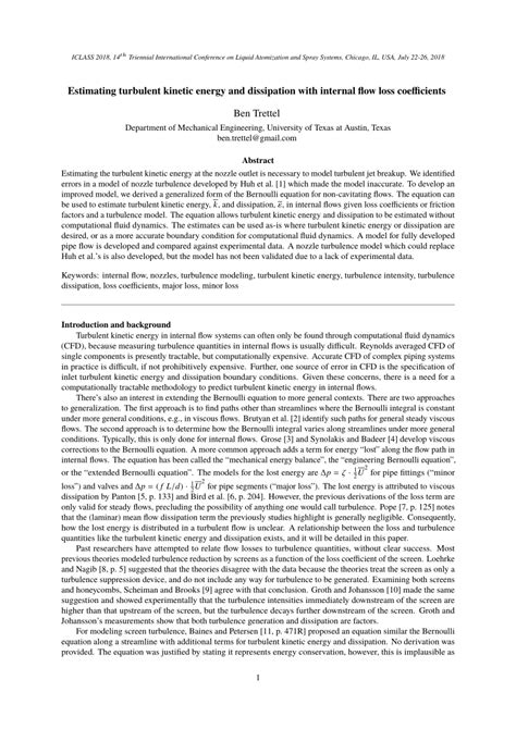 Pdf Estimating Turbulent Kinetic Energy And Dissipation With Internal Flow Loss Coefficients