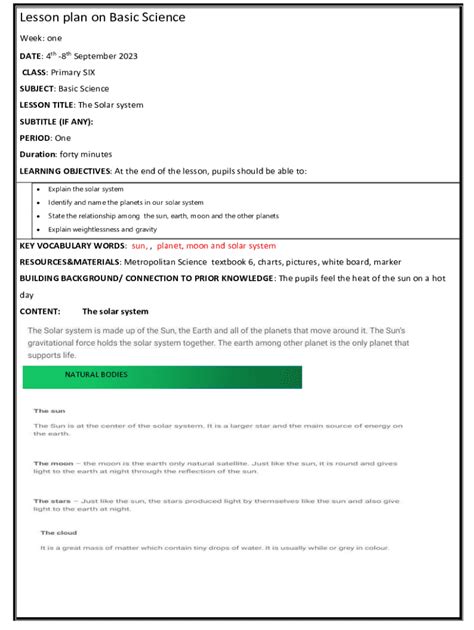 Fillable Online Basic Science Lesson Plan For Primary Six 2023 Fax
