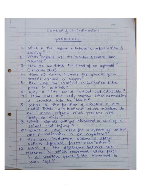 Control And Coordination Worksheet Pdf