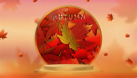 벽에 단풍 나무 잎스튜디오 룸에서 연단 디스플레이 실린더 스탠드와 가을 잎 배경 노란색과 주황색 벡터 3d 쇼케이스 가을 시즌