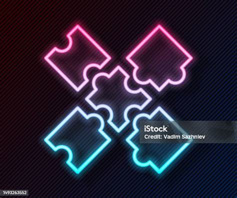 빛나는 네온 라인 퍼즐 조각 장난감 아이콘 검은 배경에 격리 벡터 실톱에 대한 스톡 벡터 아트 및 기타 이미지 실톱 0명 개념 Istock