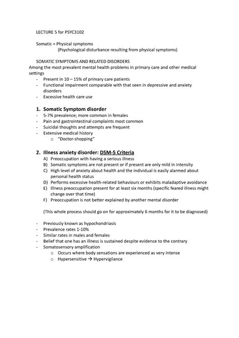 lecture 5 notes for psyc3102 lecture 5 for psyc somatic physical