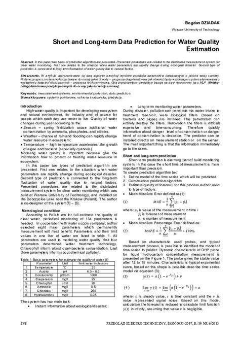 Pdf Short And Long Term Data Prediction For Water Quality Estimation Bogdan Dziadak