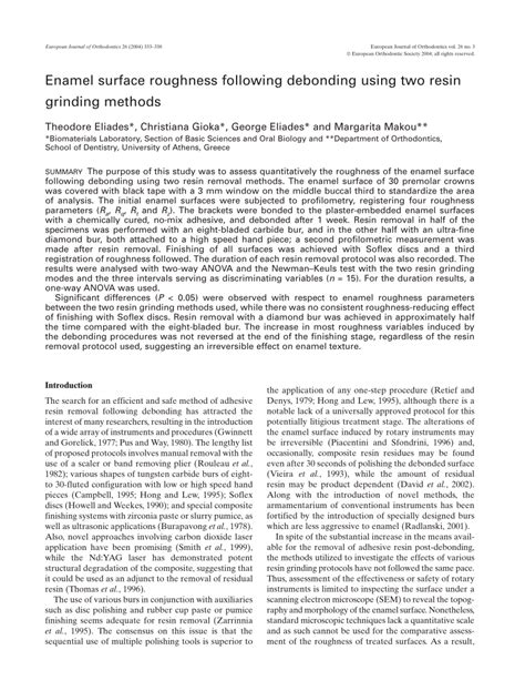 Pdf Enamel Surface Roughness Following Debonding Using Two Resin Grinding Methods