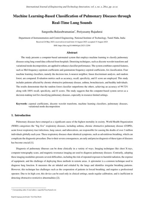 Pdf Machine Learning Based Classification Of Pulmonary Diseases Through Real Time Lung Sounds