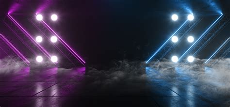 연기 안개 네온 레이저 빛나는 튜브 삼각형 모양 공상 과학 소설 미래 단계 연단 쇼케이스 터널 차고 지하 건설 산업 보라색 파란색 3d 렌더링 0명에 대한 스톡 사진 및