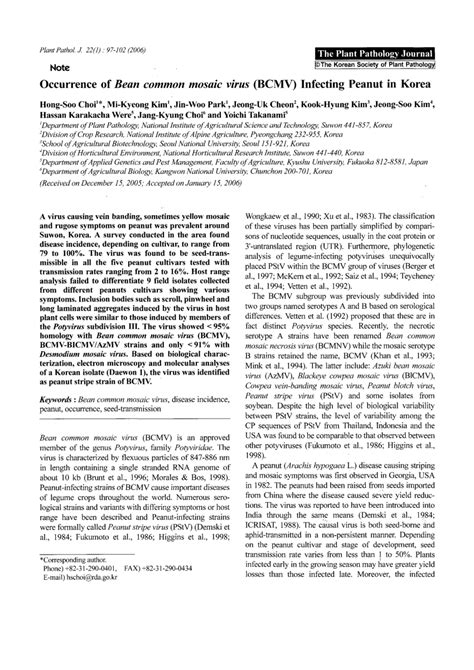 Pdf Occurrence Of Bean Common Mosaic Virus Bcmv Infecting Peanut In Korea
