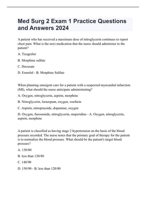 Med Surg 2 Exam 1 Practice Questions And Answers 2024 Med Surg Stuvia Us