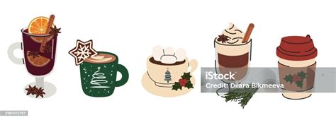 크리스마스 따뜻한 음료 겨울 휴가 뜨거운 컵 핫 초콜릿 코코아 카푸치노 멀드 와인 한 잔 마시멜로 진저 브레드 계피를 곁들인 크리스마스 음료 평면 벡터 일러스트레이션이