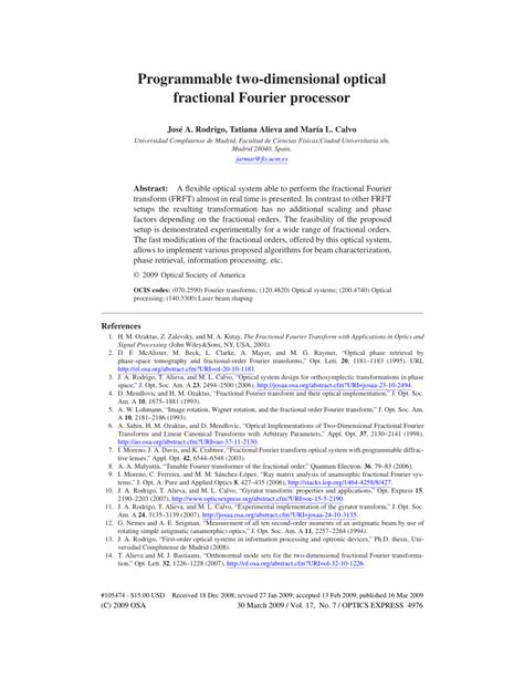 Pdf Programmable Two Dimensional Optical Fractional Fourier Processor