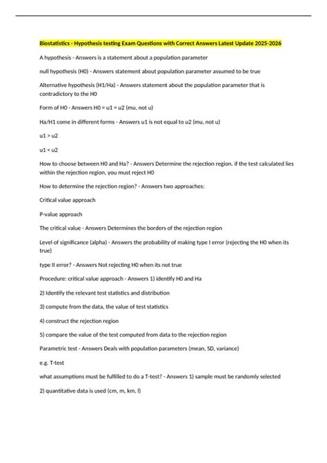 Biostatistics Hypothesis Testing Exam Questions With Correct Answers Latest Update