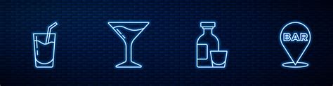 세트 라인 알코올 음료 럼 칵테일 마티니 유리 및 바 위치 벽돌 벽에 빛나는 네온 아이콘 벡터 칵테일에 대한 스톡 벡터 아트 및 기타 이미지 Istock