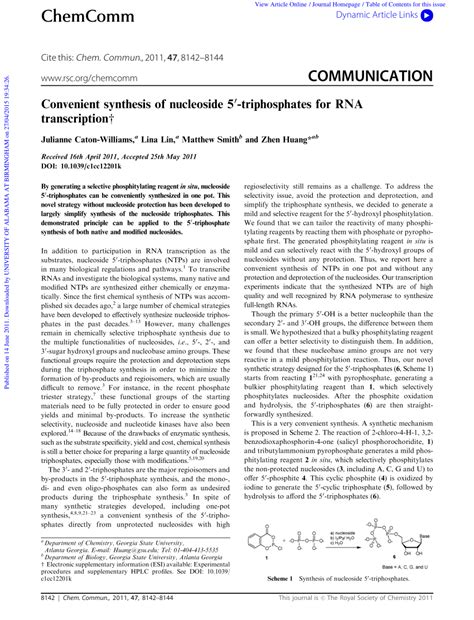 Pdf Convenient Synthesis Of Nucleoside 5 Triphosphates For Rna Transcription