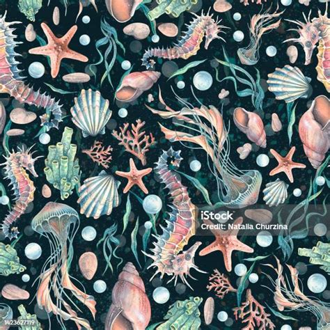 조개 불가사리 해마 및 해파리 산호 및 거품 어두운 배경에 수채화 그림 원활한 패턴 직물 직물 벽지 의류 해변 및 여름 액세서리 용 해파리에 대한 스톡 벡터 아트 및 기타