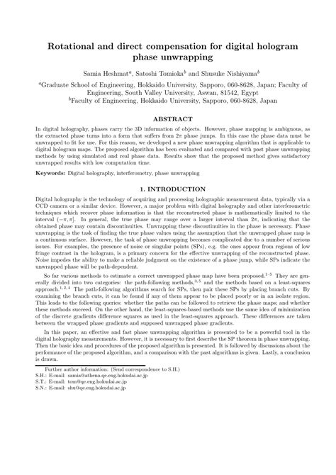 Pdf Rotational And Direct Compensation For Digital Hologram Phase Unwrapping