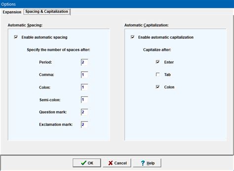 Automatic Spacing And Capitalization Options