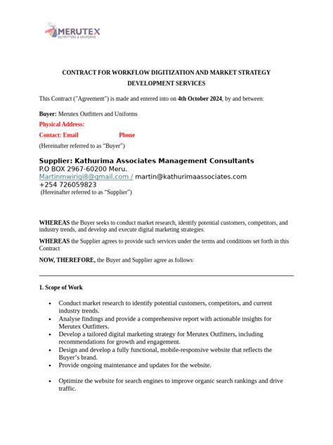 Contract For Workflow Digitization And Market Strategy Development Services 1 Pdf Digital