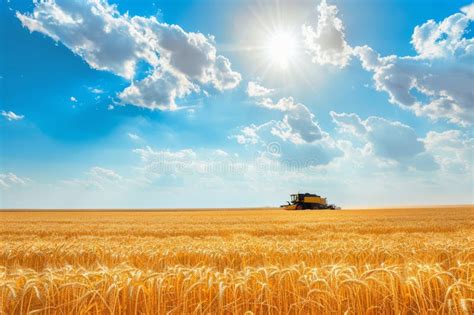 Wheat Field And Combine Harvester Harvesting Concept Stock