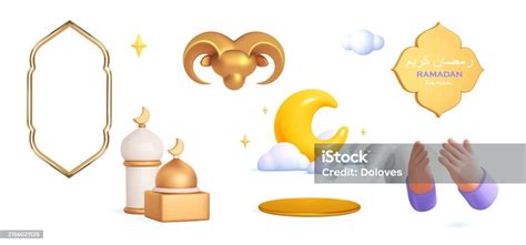 라마단 이드 피트르 이드 알 아드하의 3d 무슬림 아이콘 이슬람 사원 손기도 Rehal 양 아랍어 모양 배지 텍스트 벡터 현실적인 그림 3차원 형태에 대한 스톡 벡터 아트