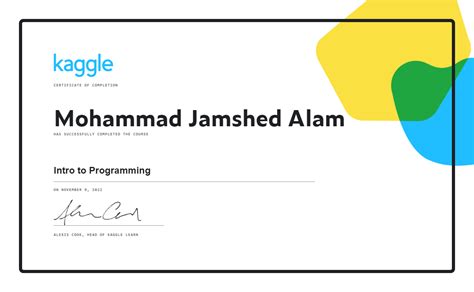 Mohammad Jamshed Alam Completed The Intro To Programming Course On Kaggle