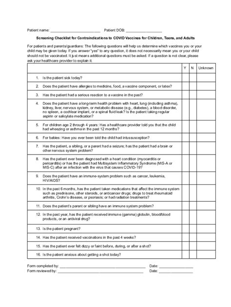 Fillable Online Screening Checklist For Contraindications To Vaccines