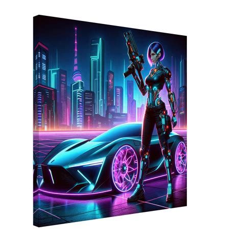 Cyberpunk Styled Netrunner Girl Next To Her Neon Car Canvas Etsy
