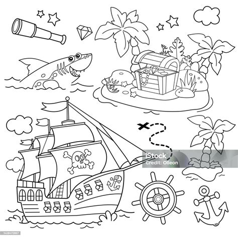 아이들을위한 해적 파티를위한 만화 세트 바다에 두개골이있는 해적선 보물 상자 자물쇠가있는 닫힌 금고 보물과 상어의 섬 아이들을위한 색칠 공부 책 0명에 대한 스톡 벡터 아트