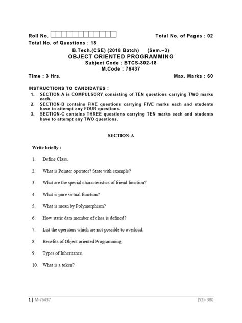 Btech Cse 3 Sem Object Oriented Programming 76437 Nov 2019 Pdf